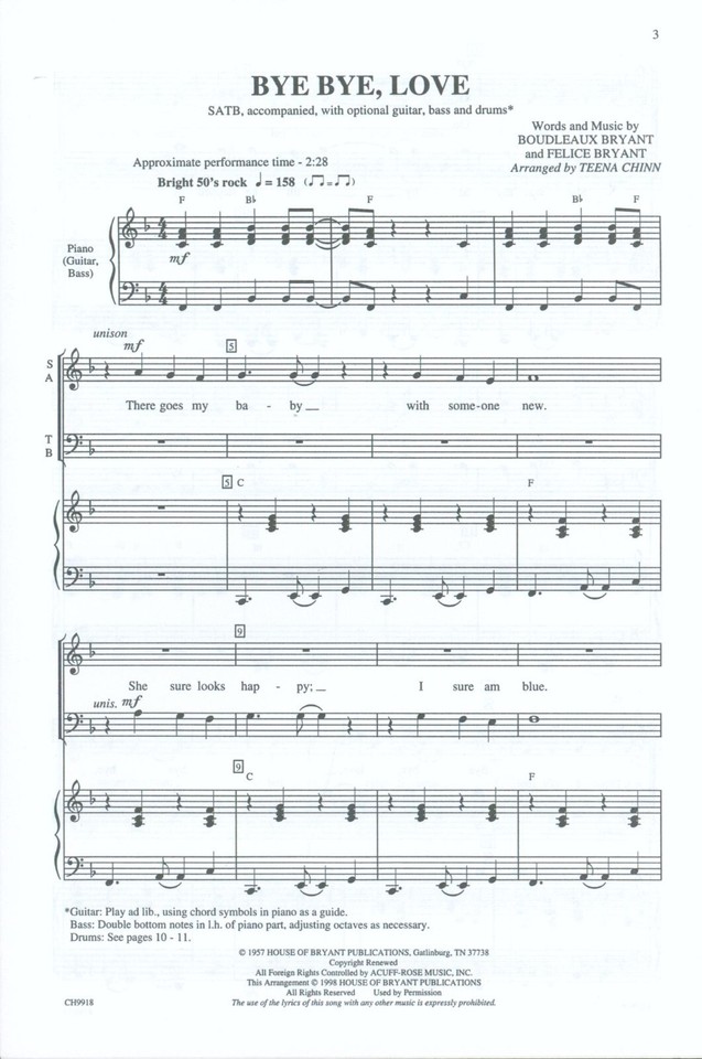 Bye Bye Love Sheet Music SATB Chorus Piano Guitar Bass Drums 1998 ...
