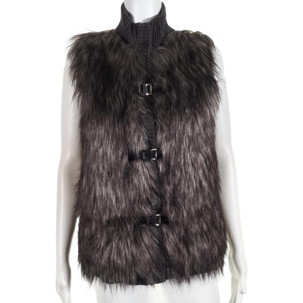 Calvin Klein Vest Faux Fur Size XS Womens Sweater Metal Closures Gray ...