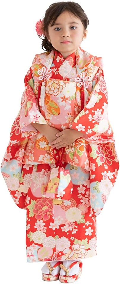 Full Kimono Set Girls Ceremony Celebration 3 years New Years Red Flower ...