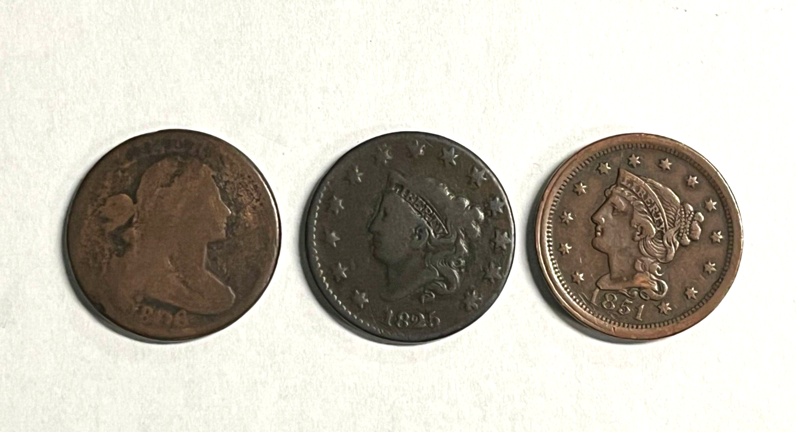 3 Types of US Large Cents: 1806 Draped Bust, 1825 Matron Head, 1851 ...