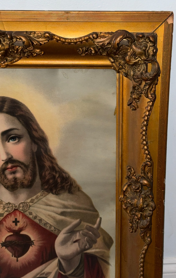 GORGEOUS ANTIQUE 1800's NUNS CONVENT FRAMED SACRED HEART JESUS 27" x 23 ...