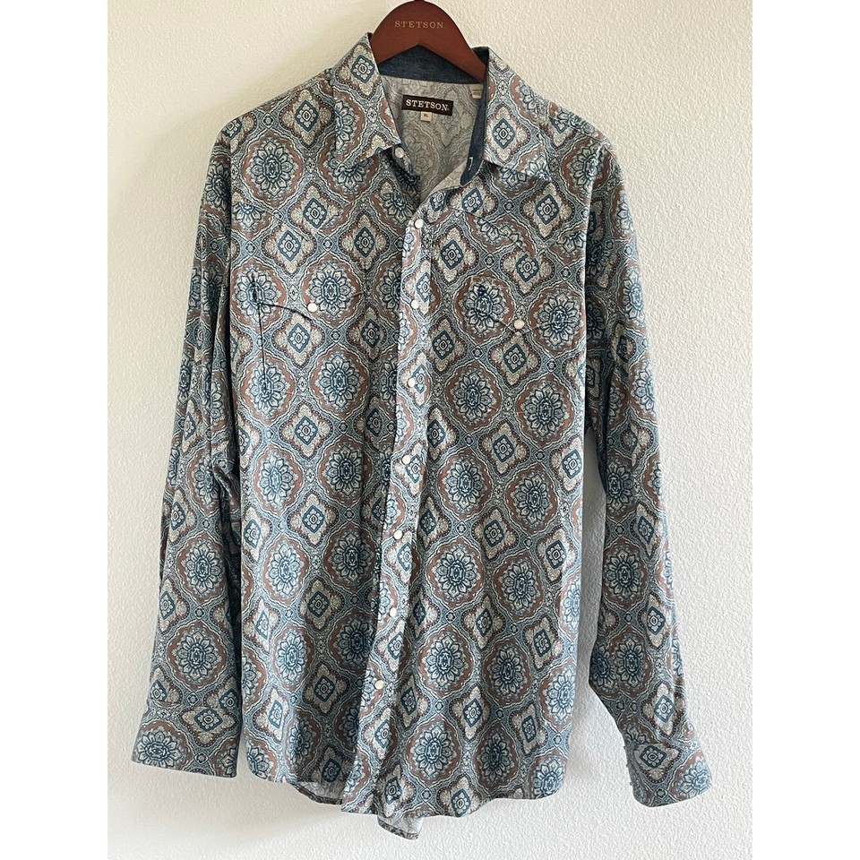Stetson Sierra Paisley Men's Western Shirt Blue Brown Pearl Snap | eBay