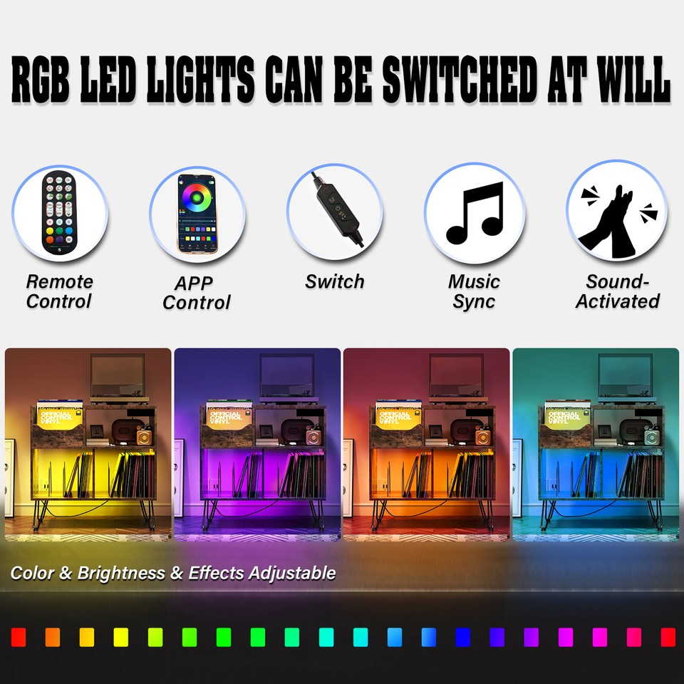 TC-HOMENY RGB LED Record Player Stand Cabinet Vinyl Turntable Stand ...