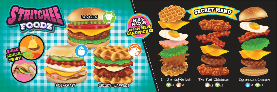 3 NEW ORB Toys Stretchee Foodz Secret Menu Breakfast Burger Chicken n ...