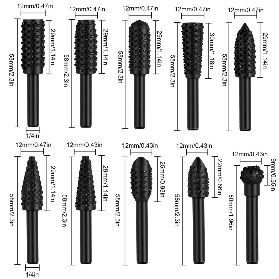 10pcs Rotary Burr File Bits 1/4" Shank Wood Carving Rotary Rasp for Die ...