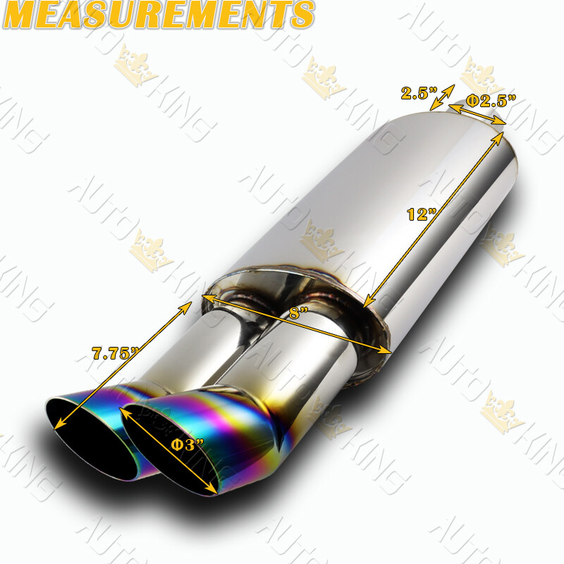 UNIVERSAL 3" DTM STYLE RAINBOW BURNT DUAL TIP 2.5" INLET T-304 EXHAUST ...