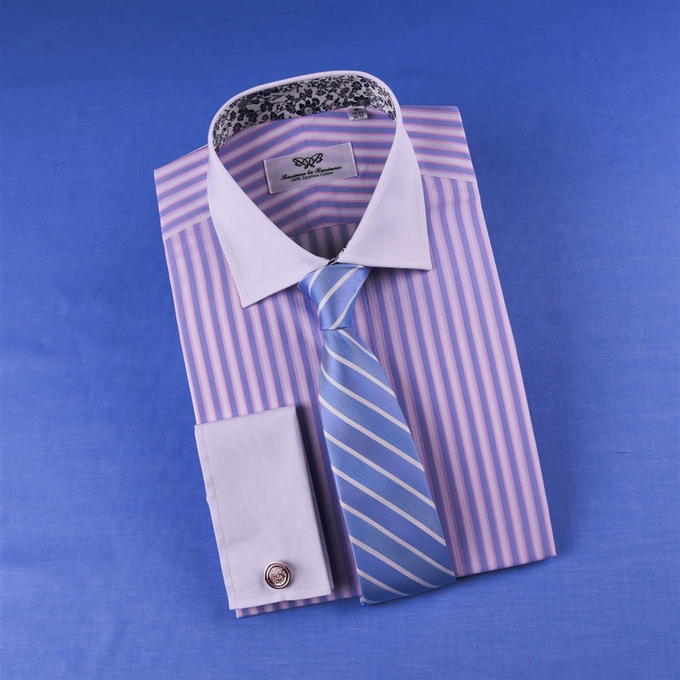 Pastel Multi-Colored Striped Dress Shirt White Poplin Contrast Cuff ...