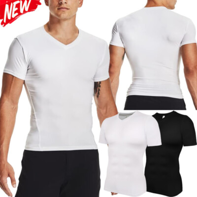 Stretch Mens V-neck Compression T-Shirt Short Sleeve Tops Sports Quick ...