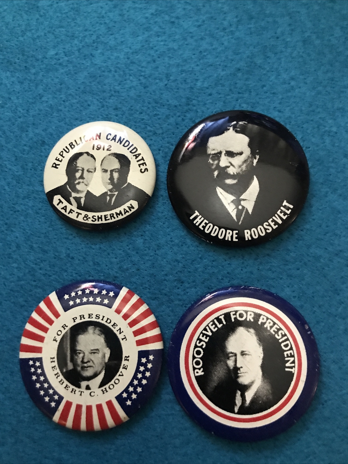 Lot of 4 Presidential Pins Taft & Sherman, Roosevelt, Hoover ...