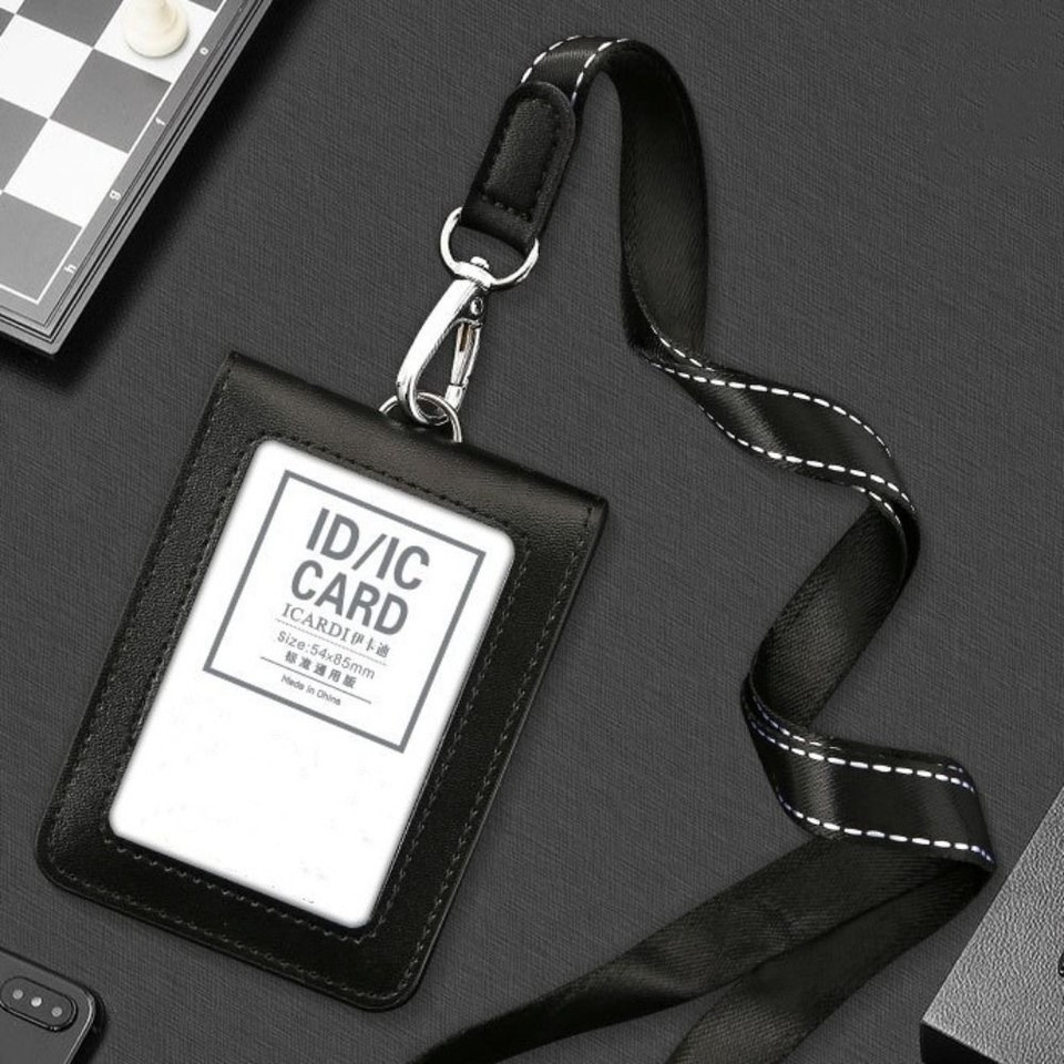 Leather Business ID Badge Card Holder Clear Double-Sided Lanyard Neck ...