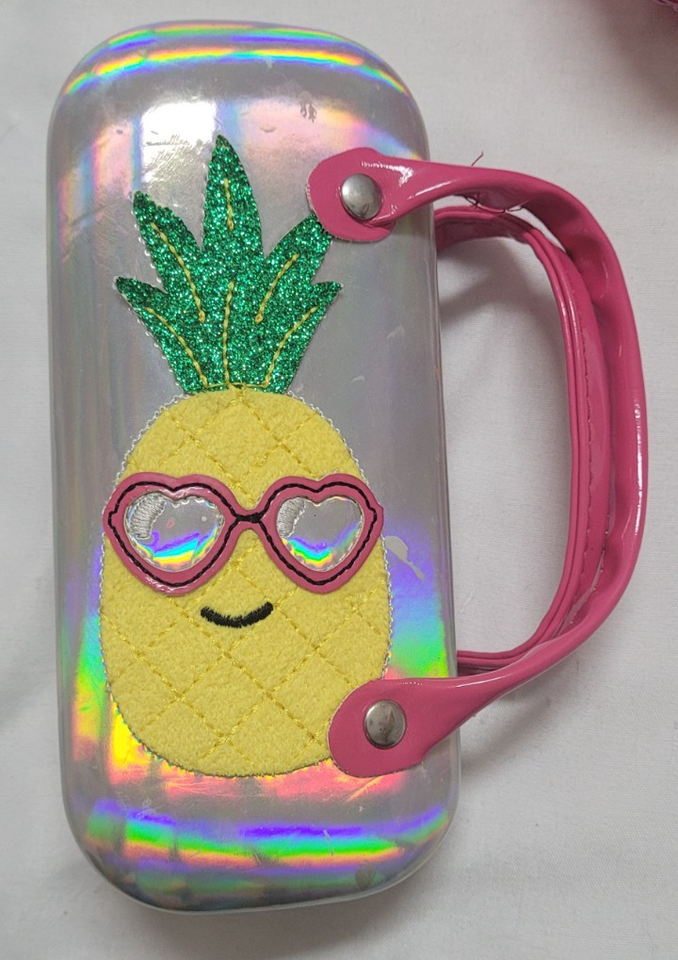 Silver Eyeglasses Case Hard Shell w Handle Pineapple Sticker Glasses ...