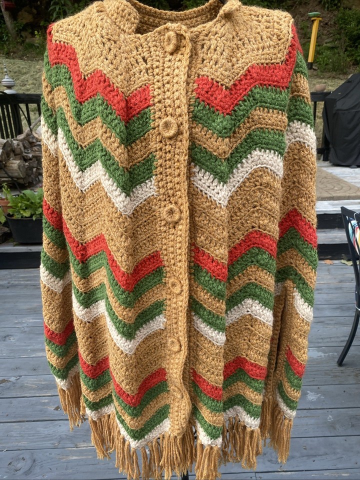 Vintage Boho Handmade Crochet Zig Zag Poncho Cape Grandma Cottage Core ...