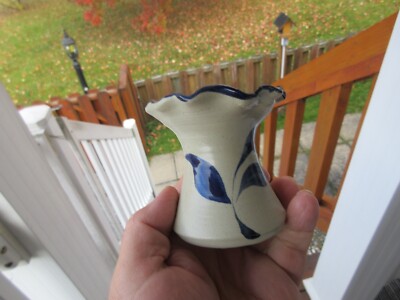 QUALITY~~Williamsburg Salt Glaze Pottery [3-1/2" Vase] with Blue Leaf ...