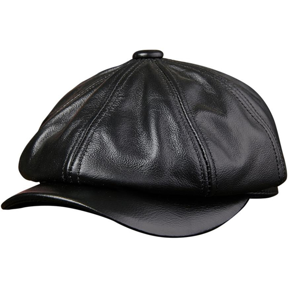 Genuine Leather Newsboy Cap Men Winter Black Octagonal Cap For Men Flat ...