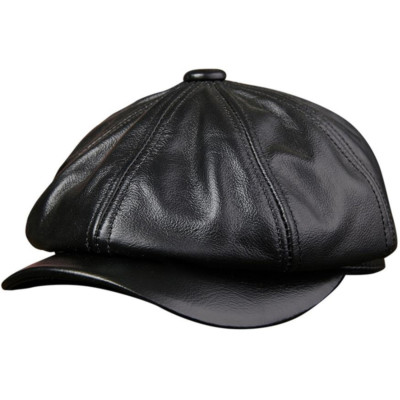 Genuine Leather Newsboy Cap Men Winter Black Octagonal Cap For Men Flat ...