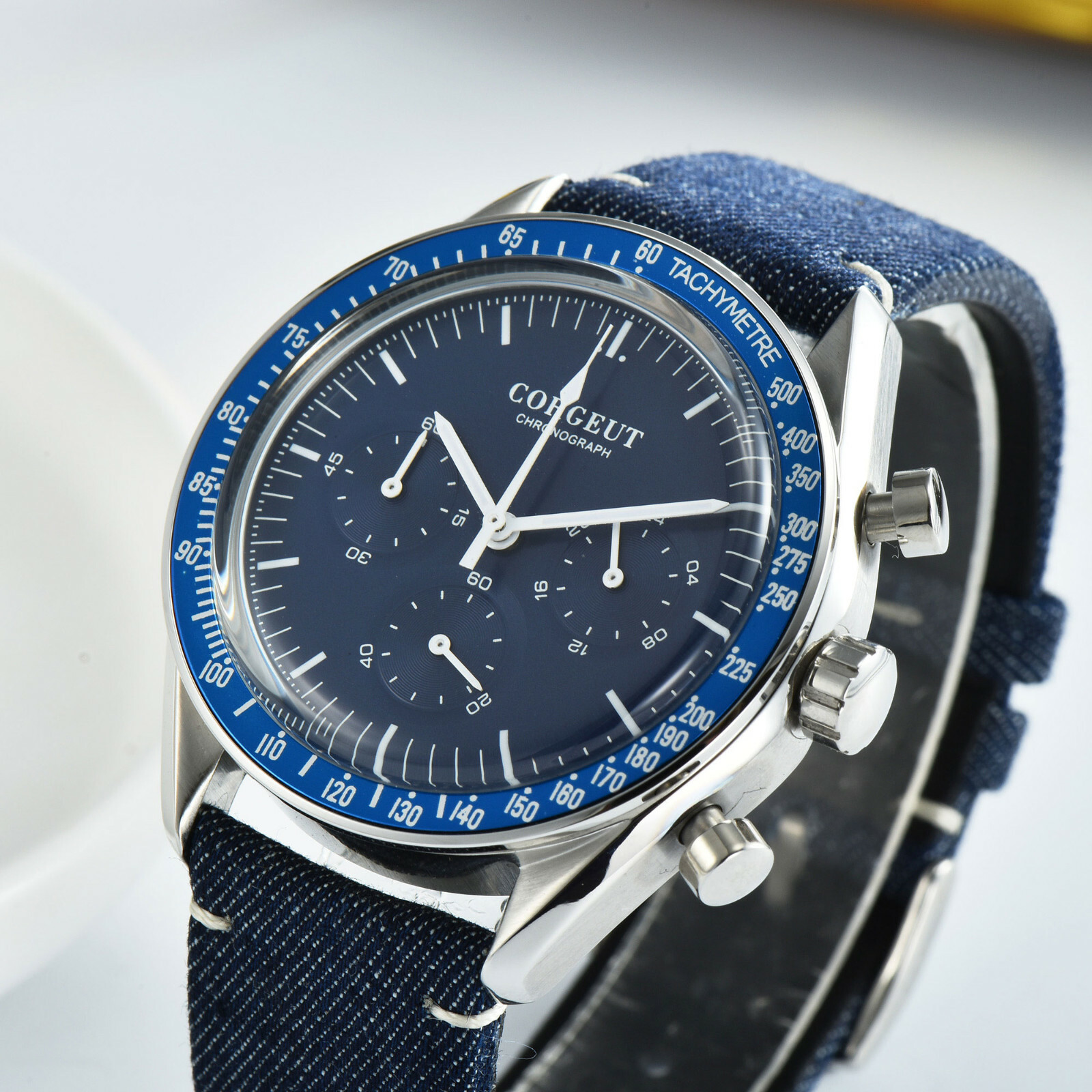 40mm corgeut black blue dial Multi-Function full chronograph quartz ...