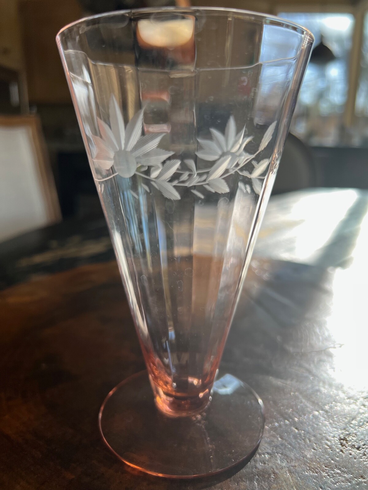Antique ELEGANT Wheel Etched Pink Optic Footed Water Glass Hand Blown 6 ...