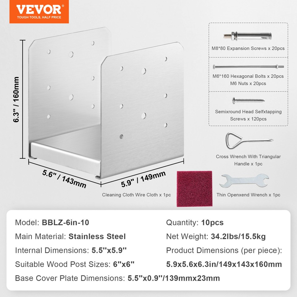 VEVOR 10Pcs 6x6 Concrete Deck Post Anchor Base Adjustable Metal Bracket ...