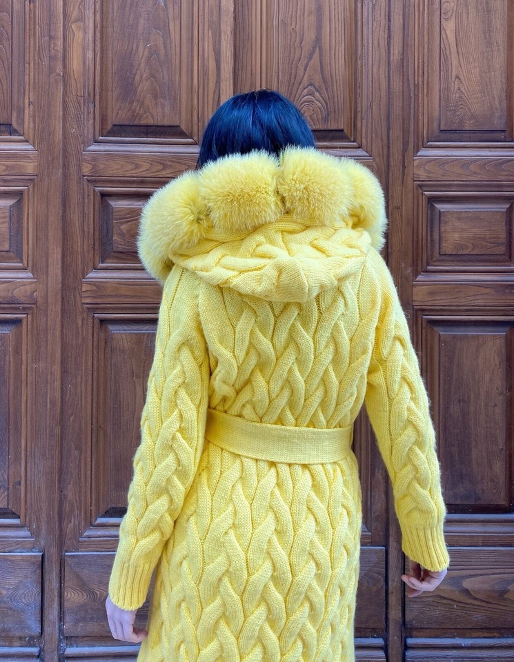 Knitwear Real Fox Fur Maxi Women Winter Cardigan Lemon Standard Size ...