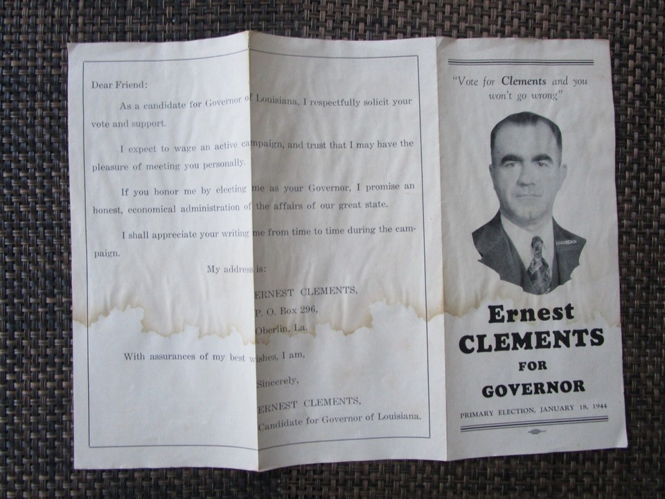 ERNEST CLEMENTS - "For Governor - Louisiana" - Vintage Brochure - 1944 ...