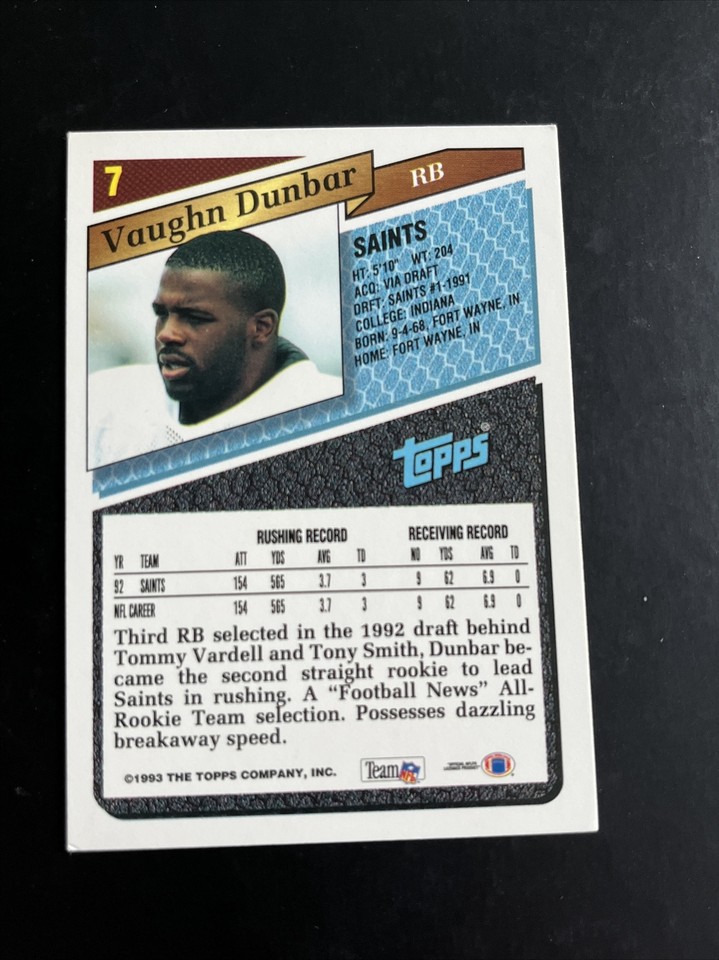 1993 Topps Football #7 Vaughn Dunbar C4 | eBay