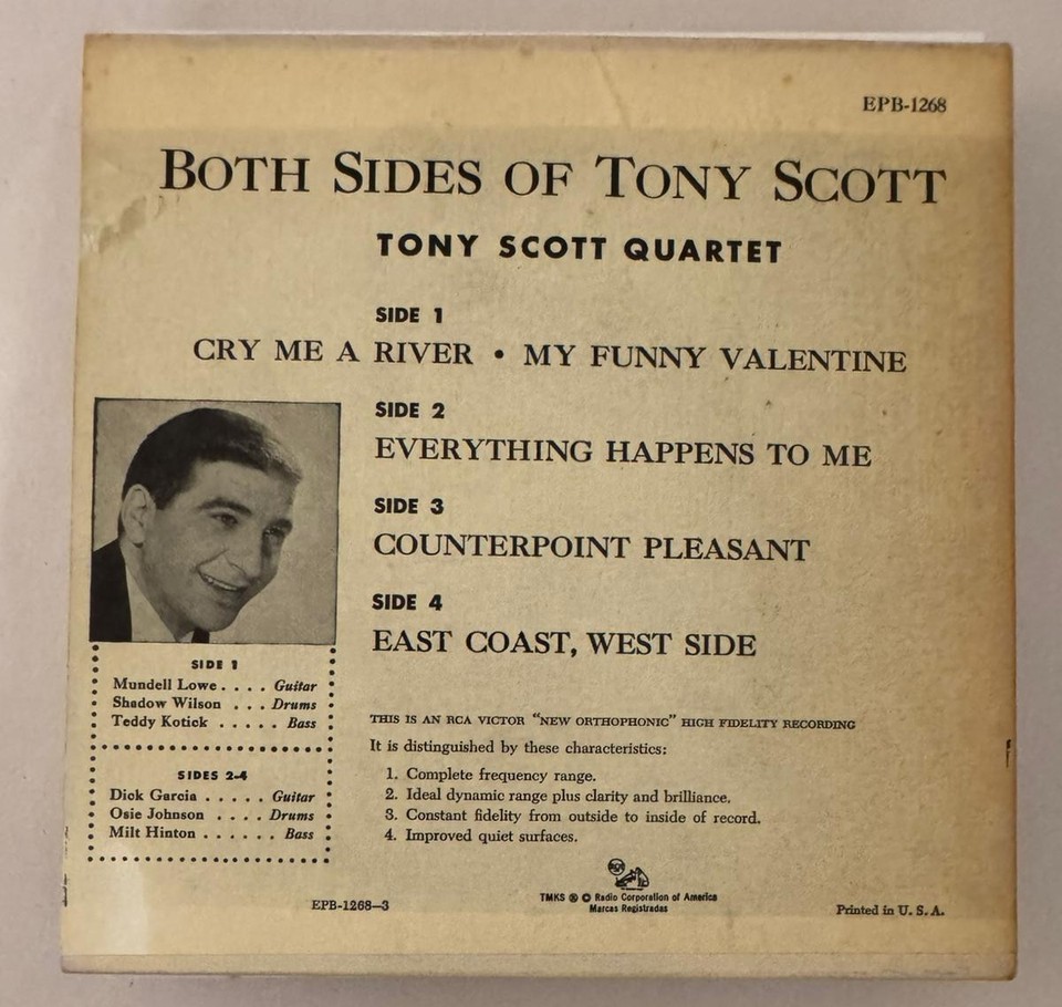TONY SCOTT QUARTET – BOTH SIDES OF TONY SCOTT - 7" VINYL RCA EPB-1268 ...