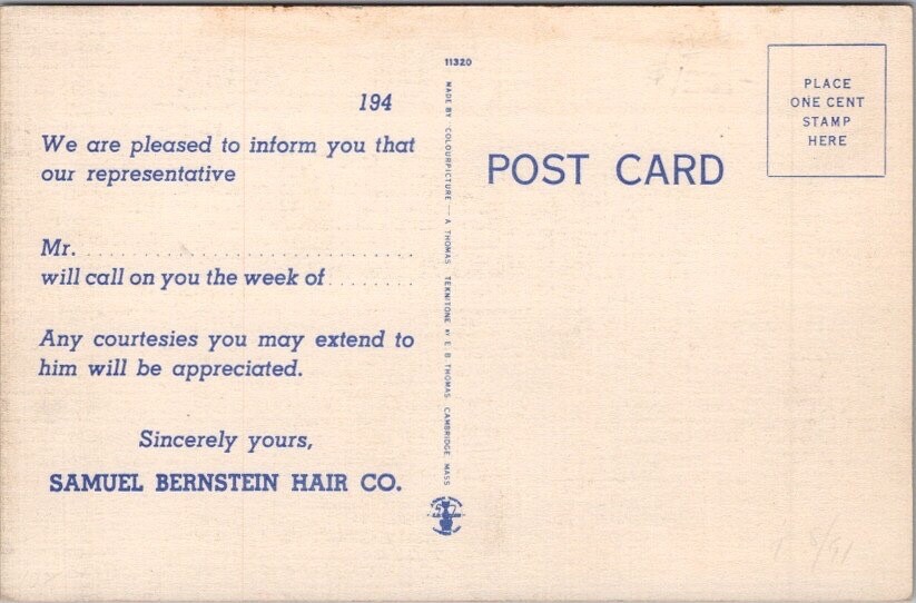 1940s BOSTON Mass. Postcard "THE SAMUEL BERNSTEIN HAIR CO." Linen ...