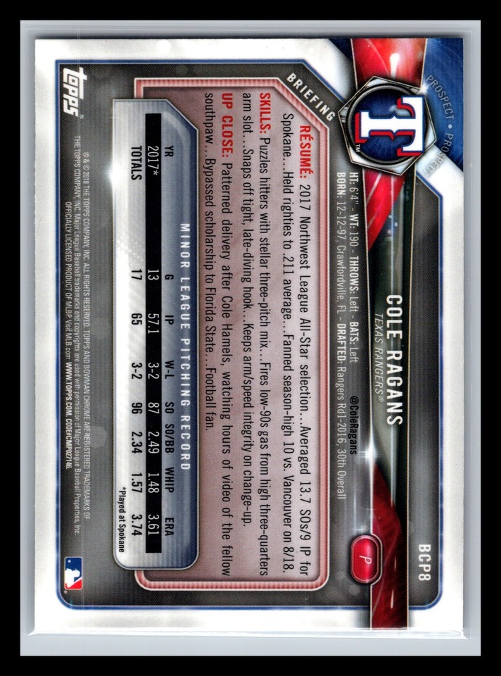 Cole Ragans Texas Rangers 2018 Bowman #BCP8 Chrome Prospects | eBay
