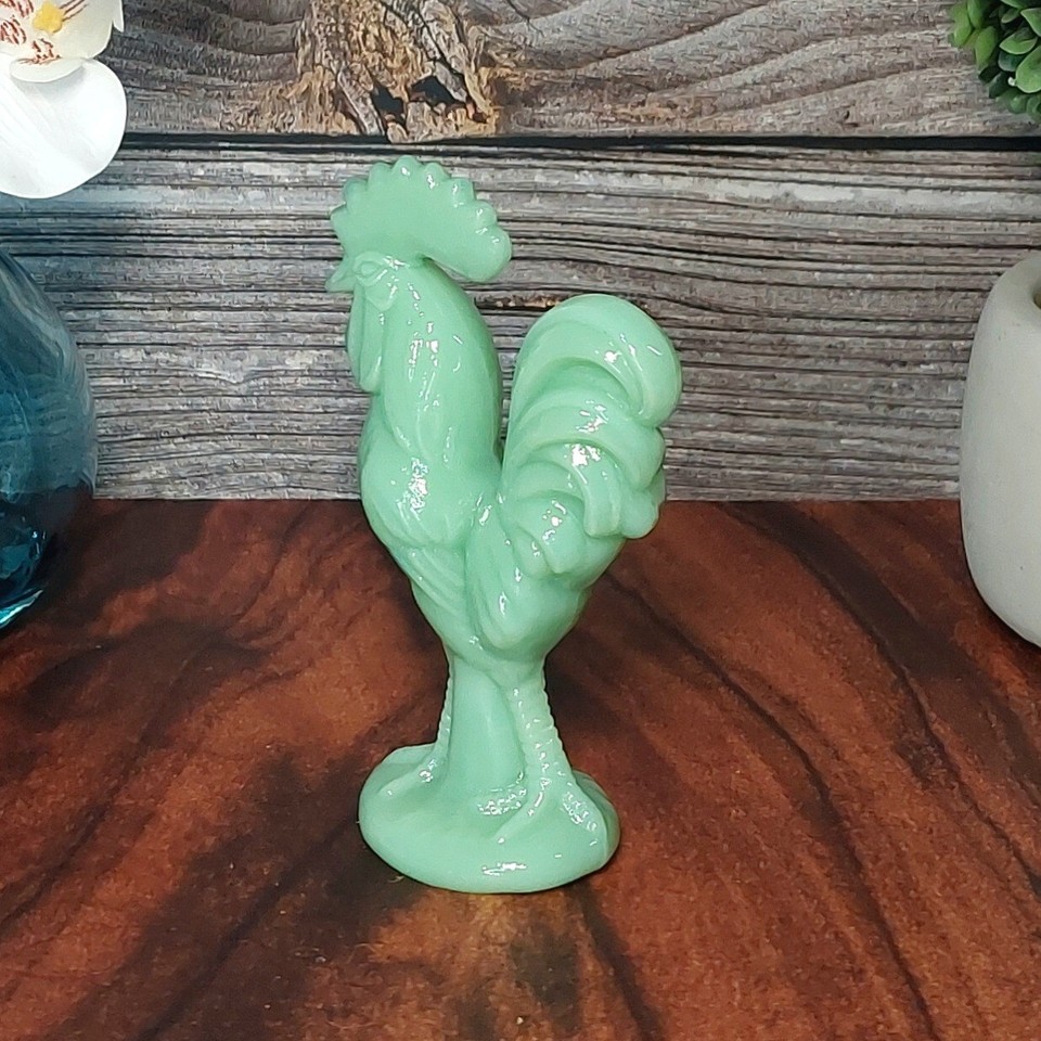 Green Jadeite Glass Depression Style Rooster Chicken Figurine, Vintage ...