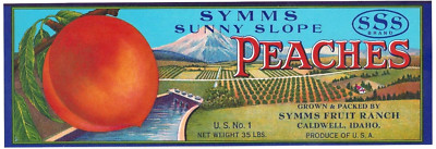 Original SYMMS SUNNY SLOPE peach crate label Caldwell Idaho Symms Fruit ...