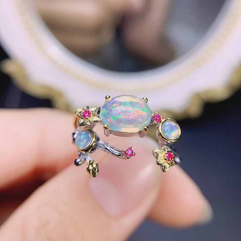 Cluster White Opal & Ruby 18K Solid Gold Ring Tree Plant Flower Ring ...