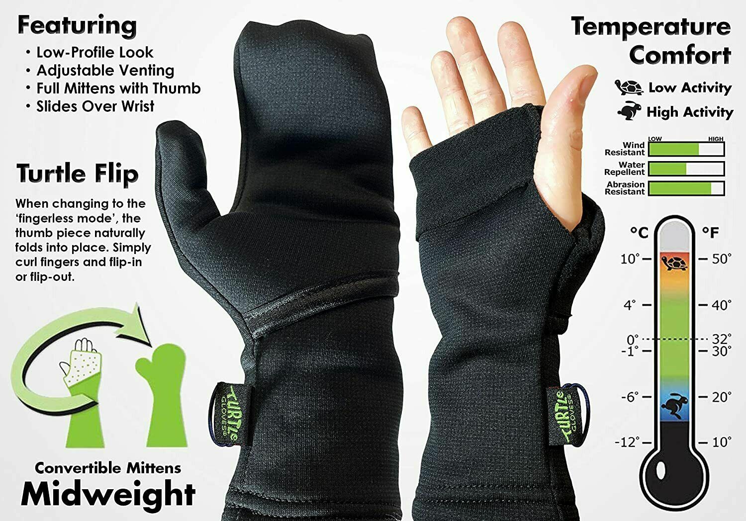 Turtle Gloves Midweight Convertible Running Winter Mittens, Hardface ...