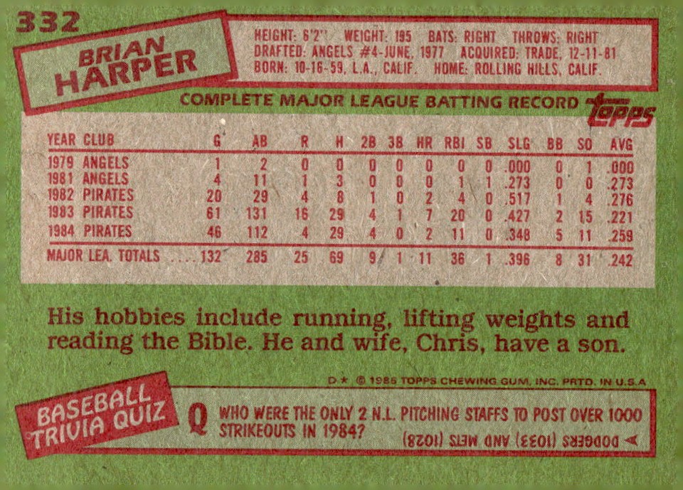 1985 Topps #332 Brian Harper - Pittsburgh Pirates | eBay