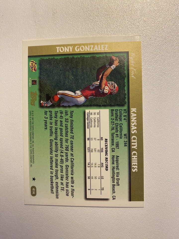 1997 Topps #414 Tony Gonzalez RC HOF Kansas City Chiefs | eBay