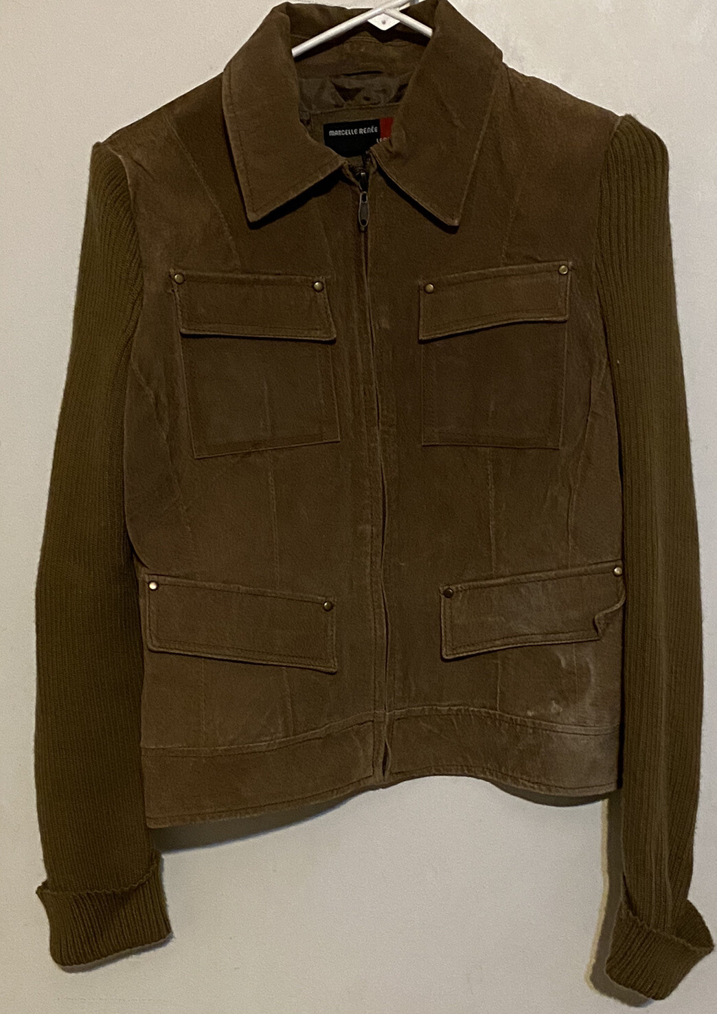 marcelle renee leather jacket with sweater sleeves si… - Gem