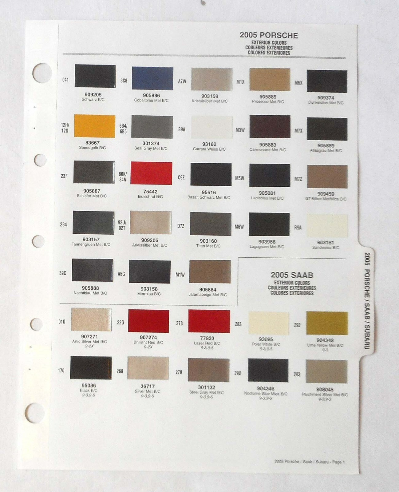 2005 Porsche PPG COLOR Paint Chip Chart All Models