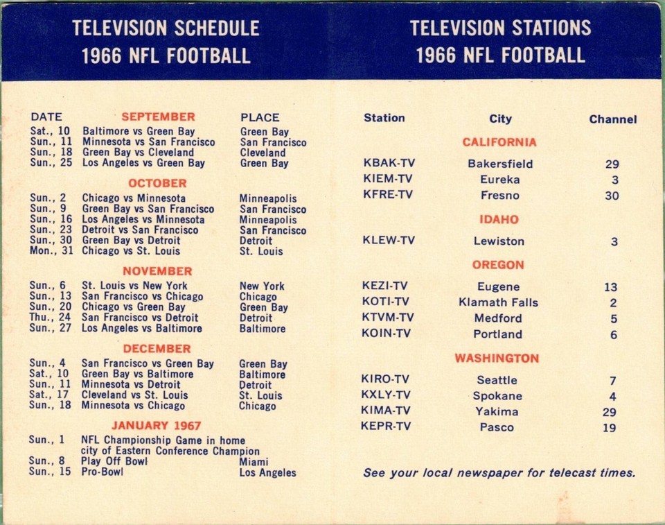 1966 NFL pocket schedule sponsored by Chevron | eBay