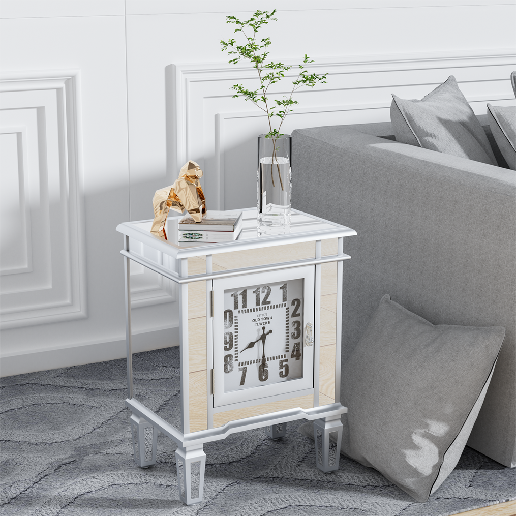 Luxury Silver Side Table Clock Mirrored Coffee Table Glass Top Living ...