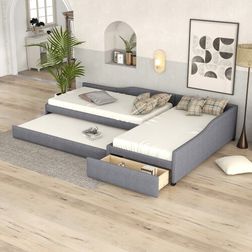 L-Shaped Daybed with Trundle & Drawers Upholstered Platform Bed Frames ...