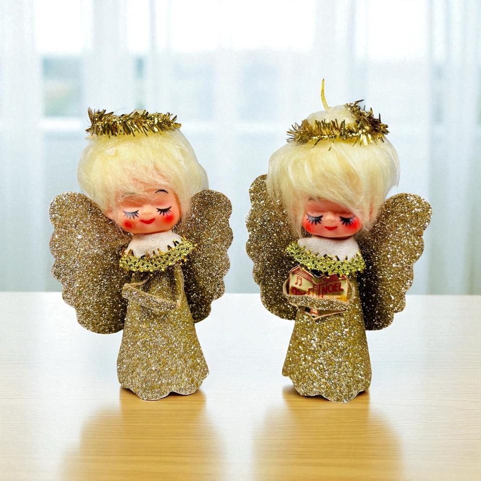 Vtg Japan 2 Putz Angel Cardboard Christmas Ornaments Gold Glitter Pair ...