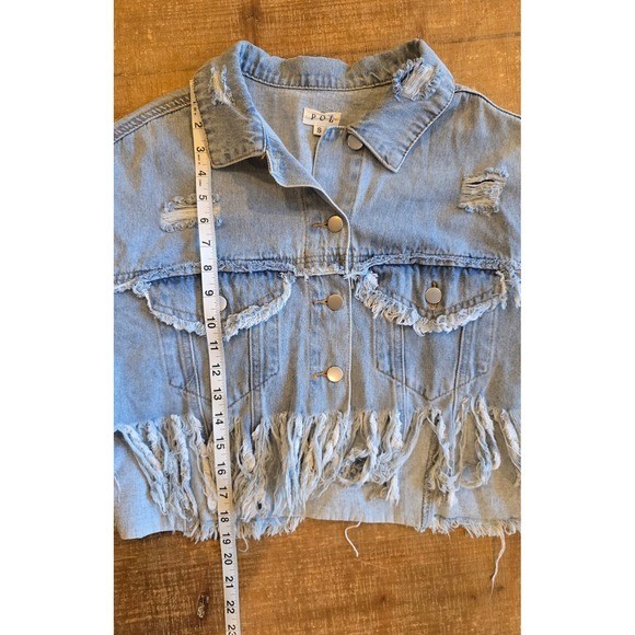 POL denim fringe cropped jean jacket Women's size small | eBay