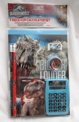 JURASSIC WORLD 7 PC CALCULATOR STATIONARY PENCILS,NOTEPAD,CALCULATOR ...