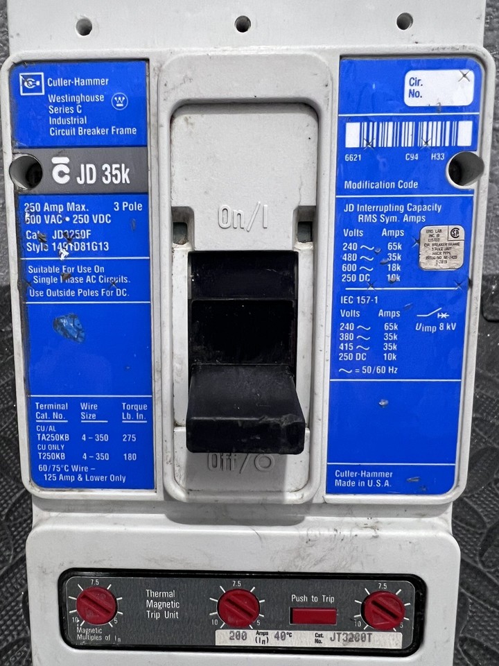 Cutler Hammer Westinghouse JD3250F Circuit Breaker 250 AMP 600V 3P | eBay