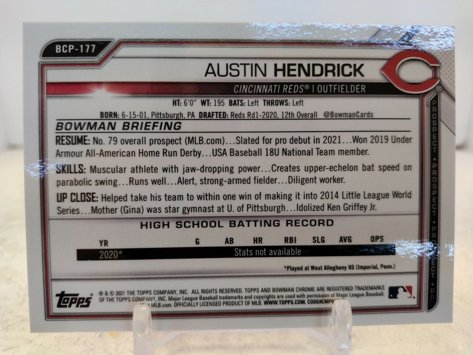 AUSTIN HENDRICK #/250 PURPLE REFRACTOR 2021 Bowman Chrome Baseball BCP ...