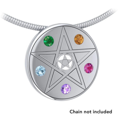 Pagan Wiccan Pentacle Mixed Gemstone 925 Sterling Silver Pendant ...