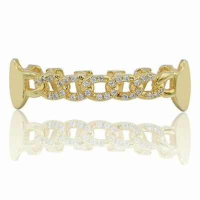 Hip Hop 14K Gold Plated Teeth Cuban Link Lower Fangs Lab Diamond Grillz ...