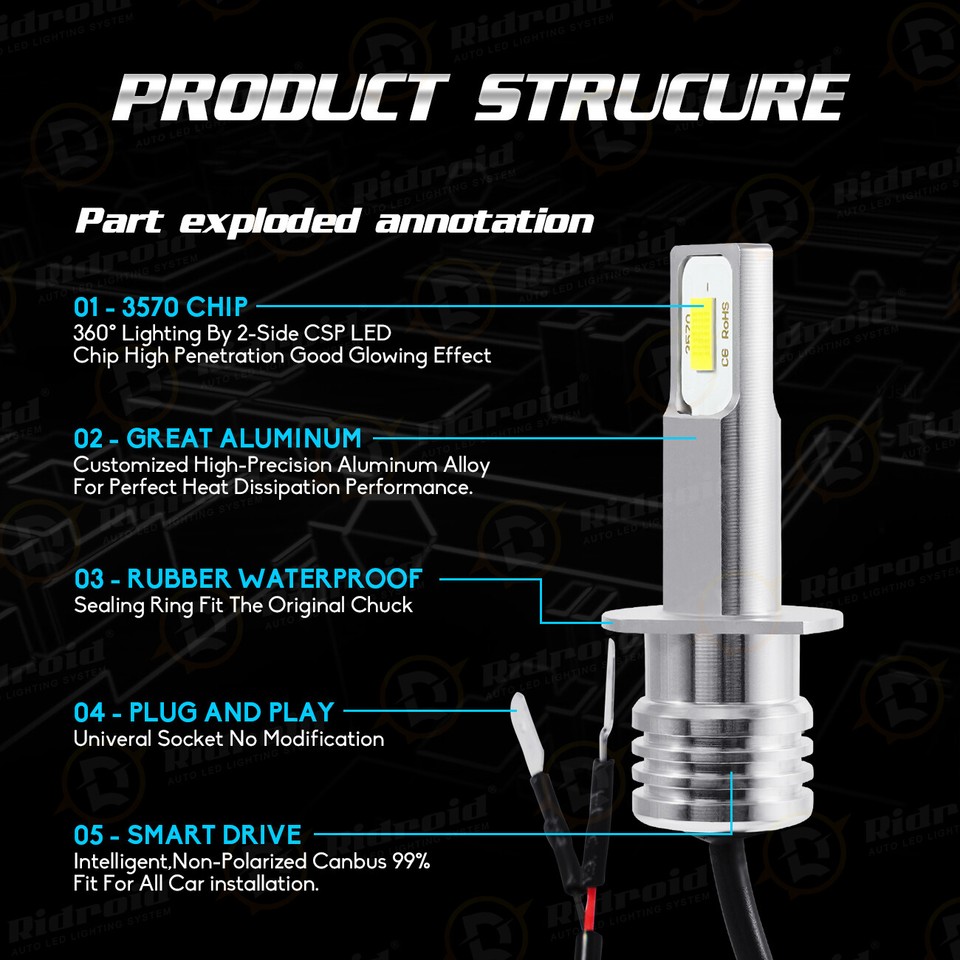 2x H1 LED Headlight Bulb Kit High Low Beam Fog Lamps Super Bright 6000K ...