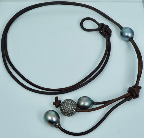 Vintage Diamond Sterling Tahitian Pearl 12mm Leather Cord Lariat ...