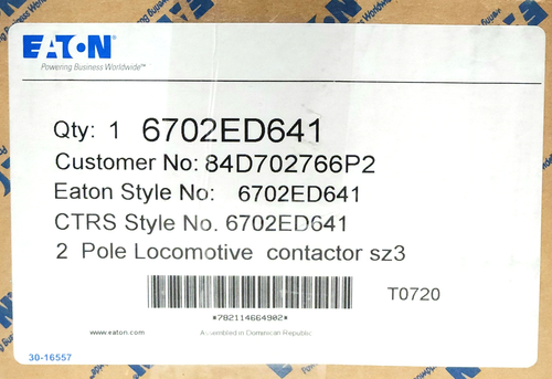 EATON CUTLER HAMMER 6702ED641 Size Locomotive Contactor 2 Pole 74 VDC ...