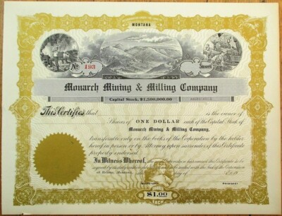 Monarch Mining and Milling Co. 1910 Stock Certificate, Helena, Montana ...